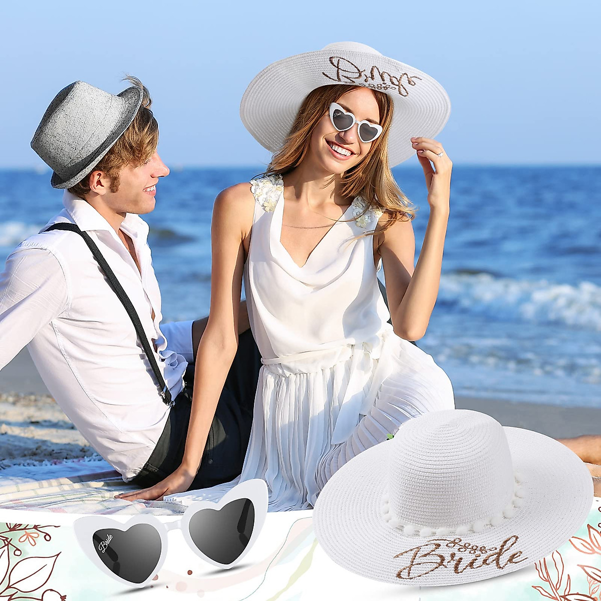 Neer 2 Pcs Bride Wedding Gifts Heart Sunglasses Sun Hat Set Bachelorette Gifts for Bridal Shower Party Decoration Favors(White)