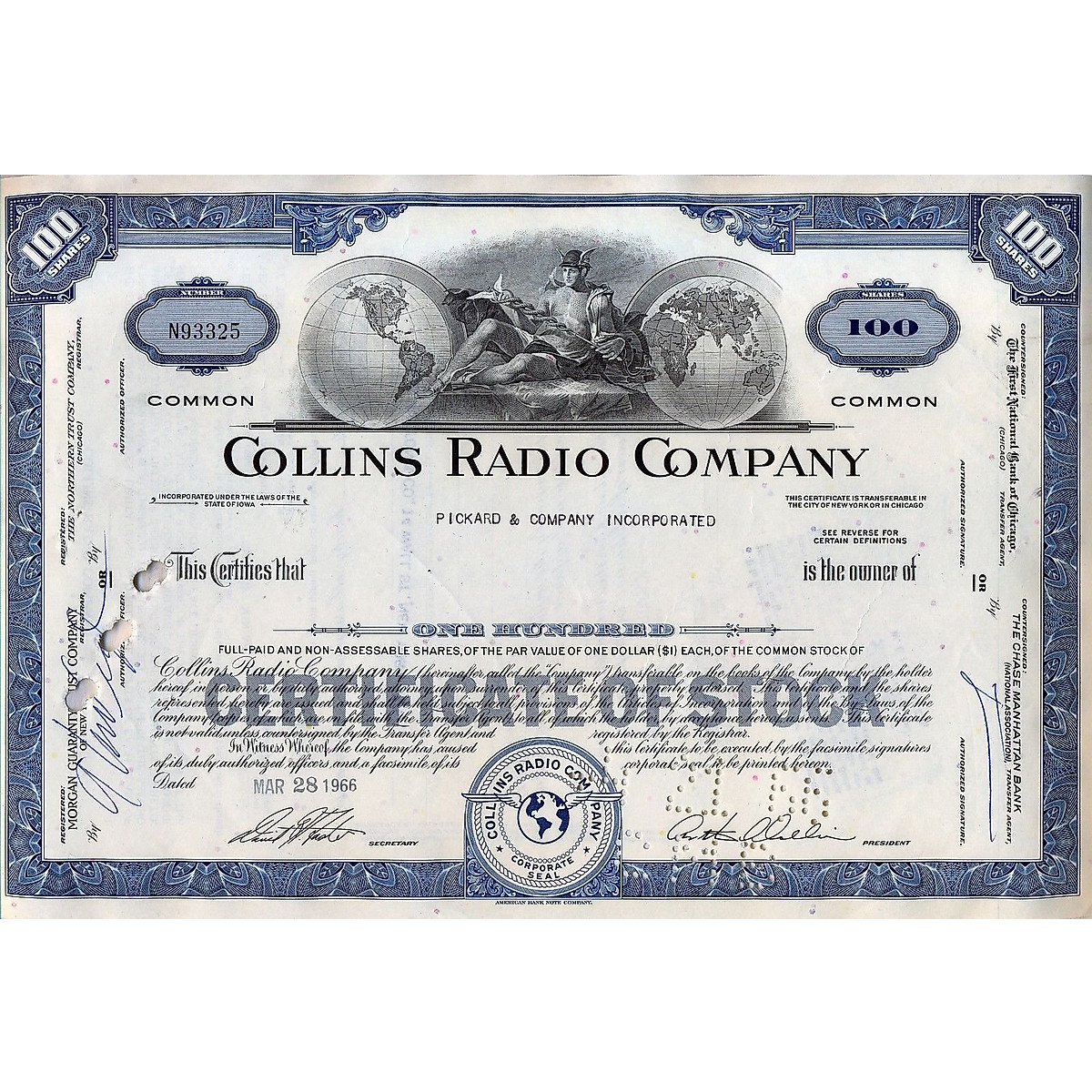 1965 SUPERB ART DECO VINTIAGE COLLINS RADIO STOCK CERTIFICATE! WW2 MILITARY and AEROSPACE COMMUNICATIONS! BUY 2 and 2ND COLOR SHIPS FREE! 100 SHARES (Blue) Unicrculated