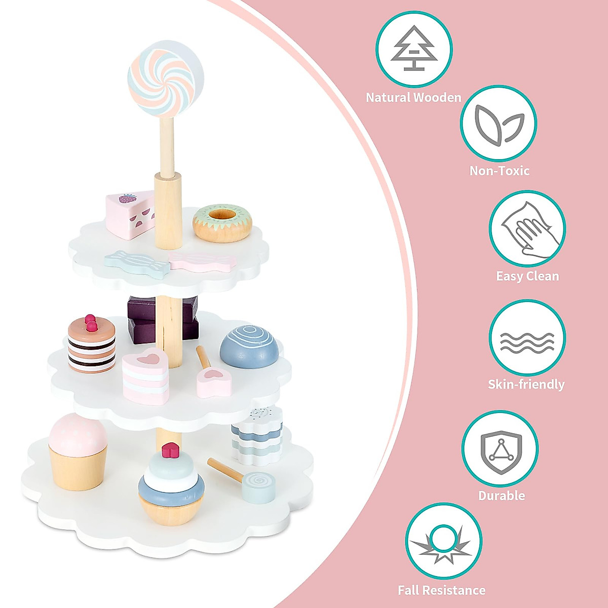 Wooden Tea Party Set for Little Girls, Ehome Princess Tea Time Toy Including Dessert Tray Cake, 22pcs Kids Dessert Toys Pretend Play for Girls Boys Age 3-6