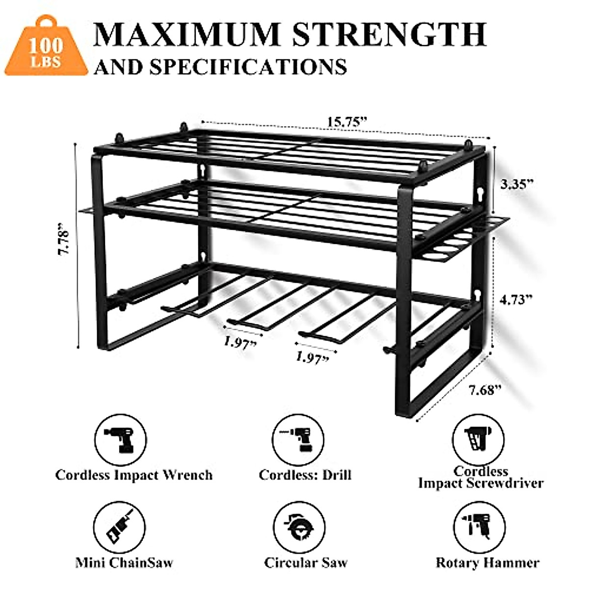 BESTIRTOOL Power Tool Organizers | Wall Mount Drill Holder Utility Racks | 3 Layers Heavy Duty Metal Drill Rack | Black Tool Rack