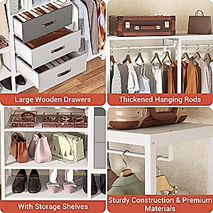 Aheaplus Wood Clothes Rack Wardrobe Closet for Hanging Clothes Heavy Duty Garment Rack, Large Corner L Shaped Closet System Organizers Walk-in Closet for Bedroom with 11 Shelves, 3 Wood Drawers, White
