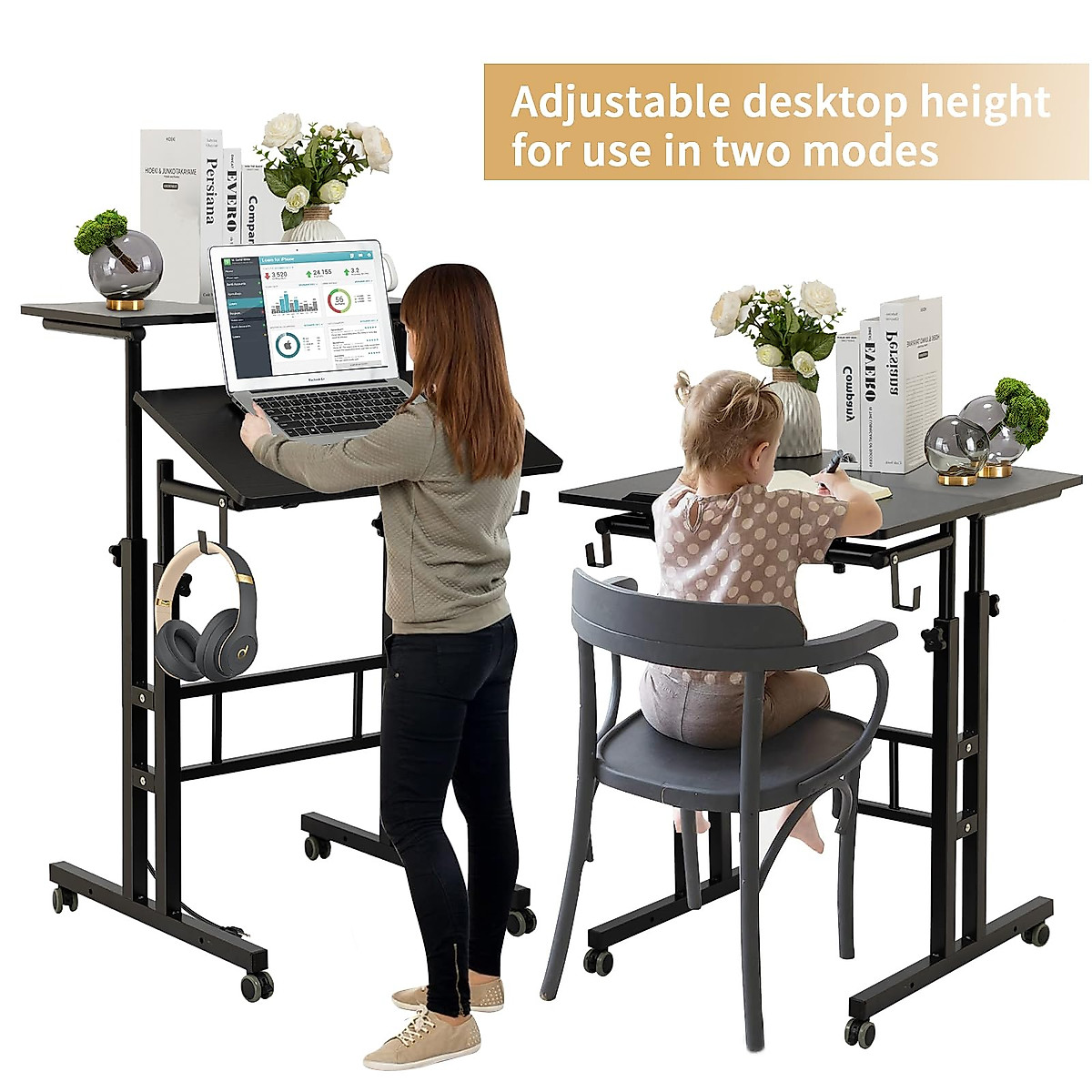SIDUCAL Mobile Stand Up Desk, Adjustable Laptop Desk with Wheels Home Office Workstation, Rolling Desk Laptop Cart for Standing or Sitting, Black