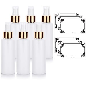 Clear Natural Refillable Plastic Squeeze Bottle with Gold Fine Mist Sprayer - 4 oz Set (6 pack) + Labels
