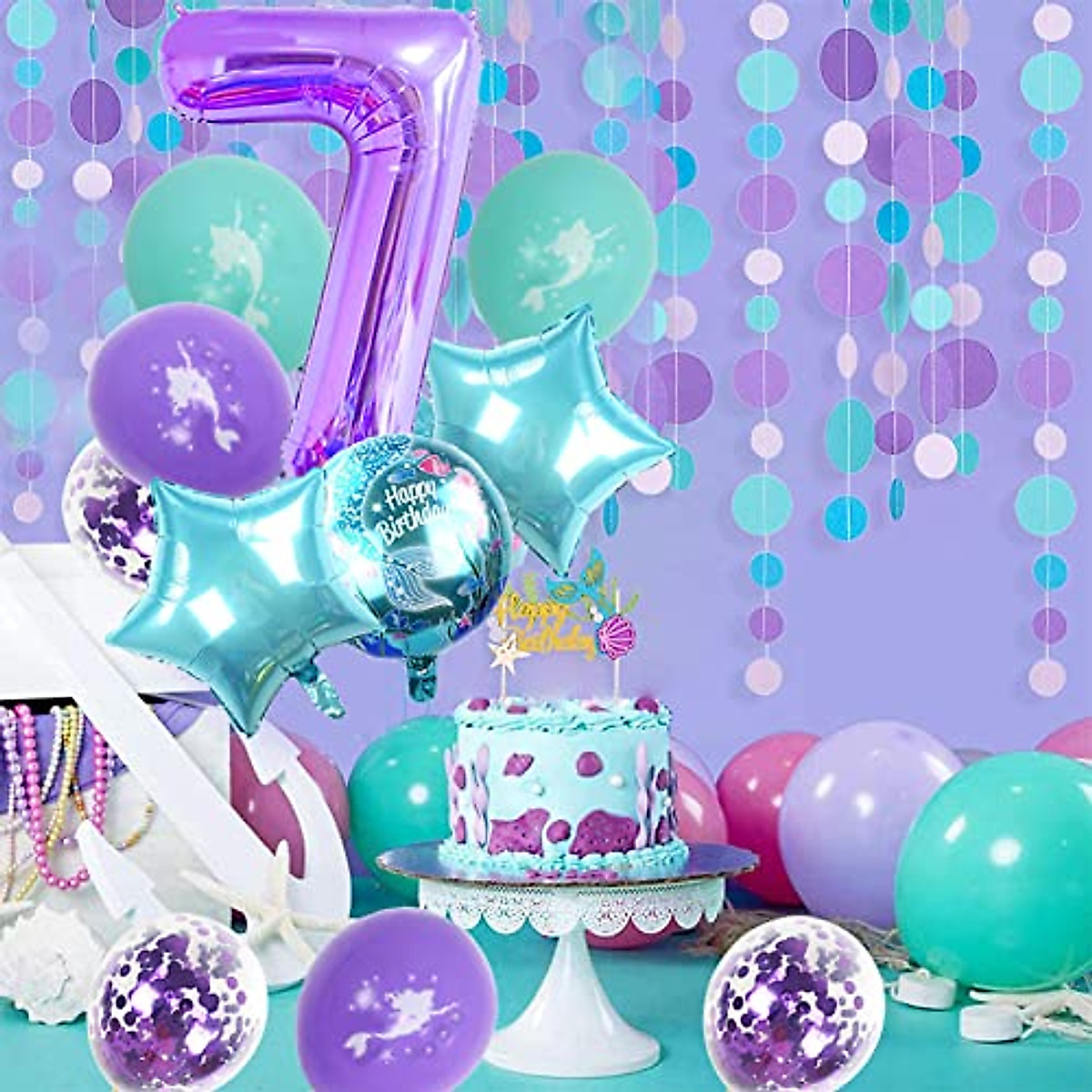 Mermaid Balloons Birthday Decorations for Girls 7th Party,40 Inch purple Jumbo Number "7" Foil Balloon,Mermaid Theme Girls 7 Year Old Party Supplies Backdrop Decor,Mermaid Latex Balloons Party Kit