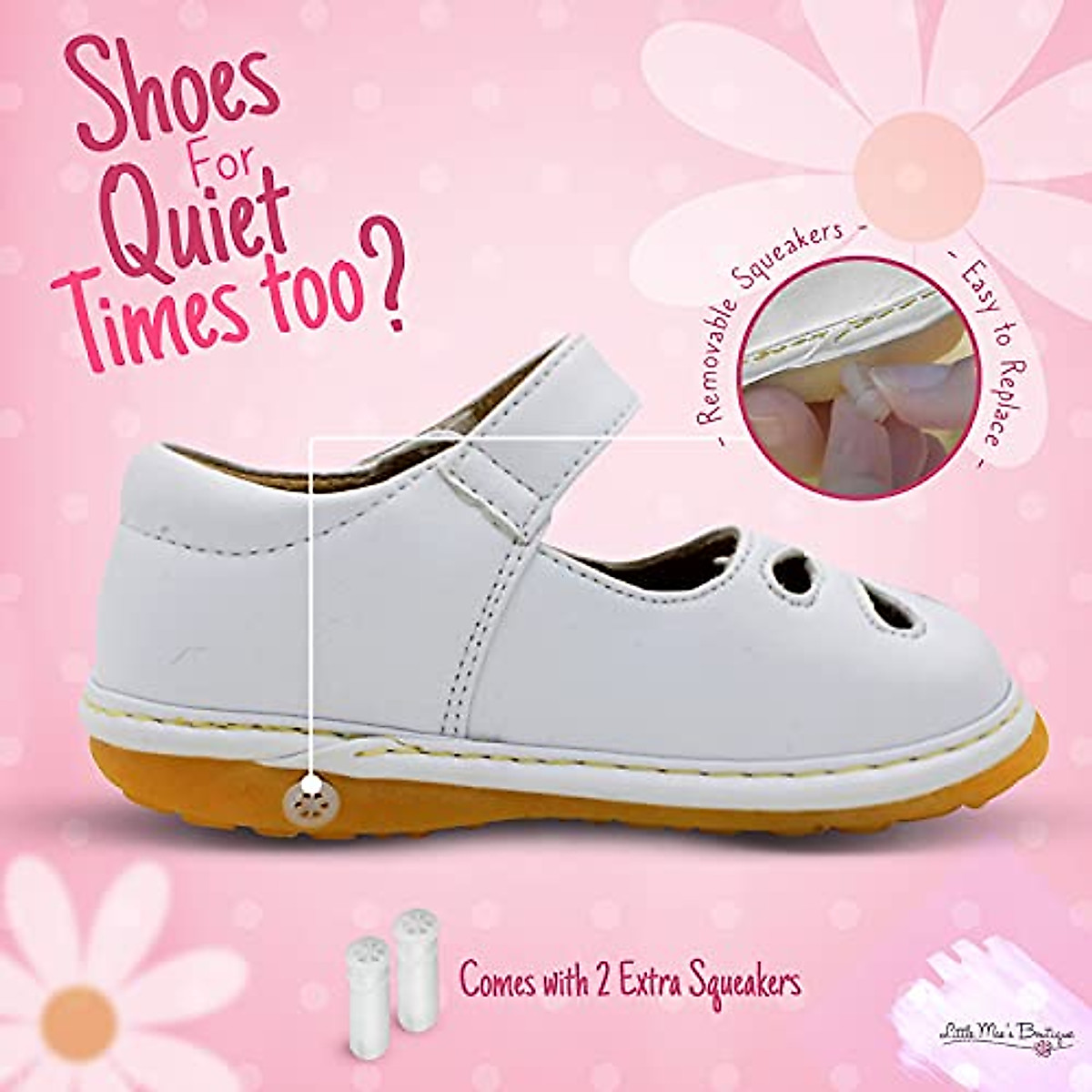 Little Mae's Boutique Mary Jane White Flower Punch Squeaky Shoes for Toddler Girls, Ideal Toddler Walking Shoes with Removable Squeaker and Adjustable Strap - Flexible Sole Baby Shoes (4)
