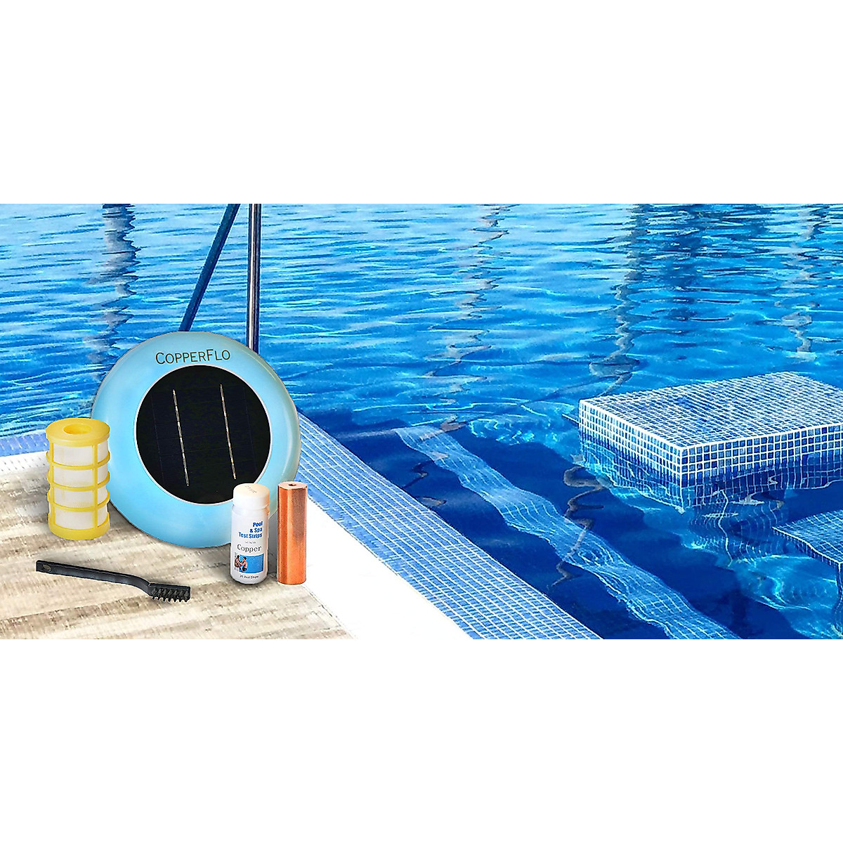 CopperFlo Solar Pool Ionizer - High Capacity | 85% Less Chlorine | Lifetime Replacement Program | Kill Algae | Longer Lasting Copper Anode | 25% More Ions | Keeps Pool Cleaner | Up to 45,000 Gal Blue