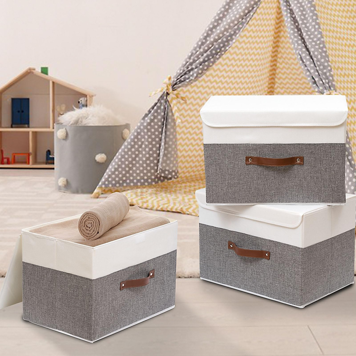 OUTBROS Foldable Storage Boxes with Lids,Large Linen Fabric Foldable Storage Boxes Organizer,Closet Organizers for Clothes Storage, Office Storage 13 x 9.1 x 7.9 inch,White/Grey