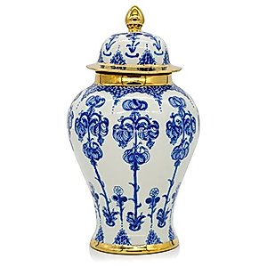 BALIOS Decor Handmade Gold Trim Blue and White Porcelain Fuchsia Flowers Ginger Jar with Lid, 9.1”H x 4.9”W, Decorative Ceramic Bud Vase for Home Décor