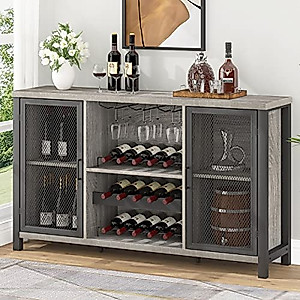 IBF Rustic Liquor Bar Cabinet, Industrial Coffee Wine Cabinet for Liquor and Glasses, Farmhouse Bar for Home Kitchen Living Dining, Sideboard Buffet Cabinet with Bar Rack Storage, Light Gray Oak 55 In
