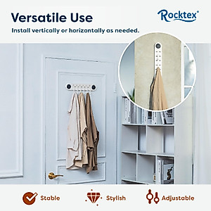 Rocktex No-Drill Hooks - White Self Adhesive Wall Hanging Hooks, Heavy Duty 4.4 lbs, Easy Installation, Versatile Vertical or Horizontal Options with 6 Adjustable Hooks for Wall, Bathroom, Kitchen