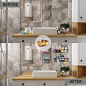 Ginkgo Shower Caddy 4-Pack, Adhesive Shower Organizer Shelf with Hooks + 2 Soap Holders, No Drilling Wall Mount Stainless Steel Shower Shelves Bathroom Basket Rack for Shower Storage (Matte Black)