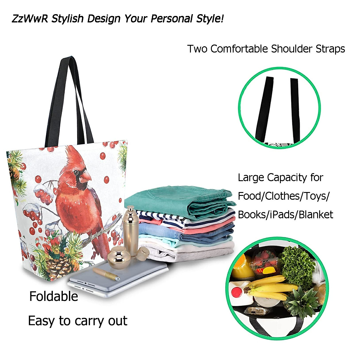 ZzWwR Cardinal Birds on Fir Branch Berry Christmas Extra Large Canvas Shoulder Tote Top Handle Storage Bag for Gym Weekender Beach Travel Reusable Grocery Shopping