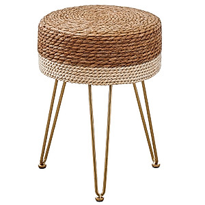 Cpintltr Natural Seagrass Hand Weave Poufs Vanity Stool Velvet Ottoman Stool Round Ottoman Foot Stool with Metal Legs for Living Room Bedroom Natural White