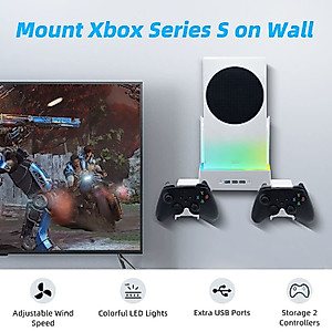 Mcbazel Wall Mount Kits with Cooling Fan for Xbox Series S, RGB Color LED Cooling System Stand with 3-Level Adjustable Speed, Extra 3 USB Port & 2 Controller Holder