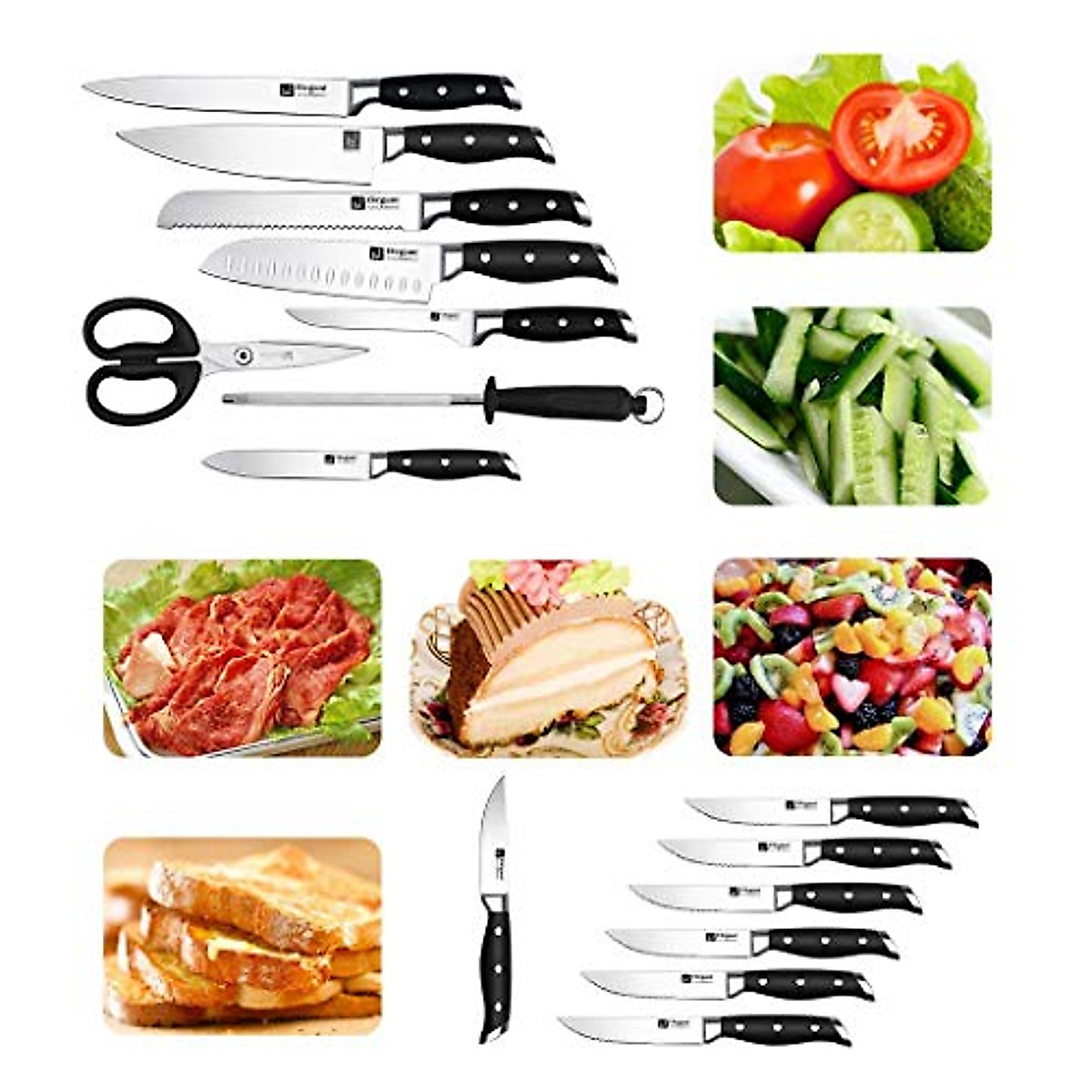 J&J Pop Series 16-Piece Kitchen Knives, Stainless Steel Chef's Knife Set with Wooden Block…