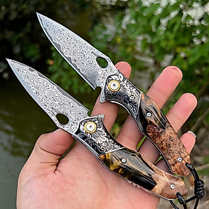 Minowe handmade Japan Damascus steel pocket knife，3.1" VG10 blade men and women Folding knife，With holster，Lining lock，resin and Maple handle，Suitable for EDC outdoor camping，go fishing hunting