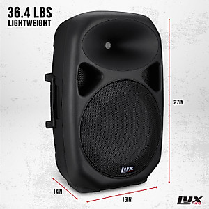 LyxPro 15 Inch PA Active Speaker System Compact and Portable with Equalizer, Bluetooth, MP3, USB, SD Card Slot, XLR, 1/4”, 3.5mm Input, Carry Handles, SPA-15