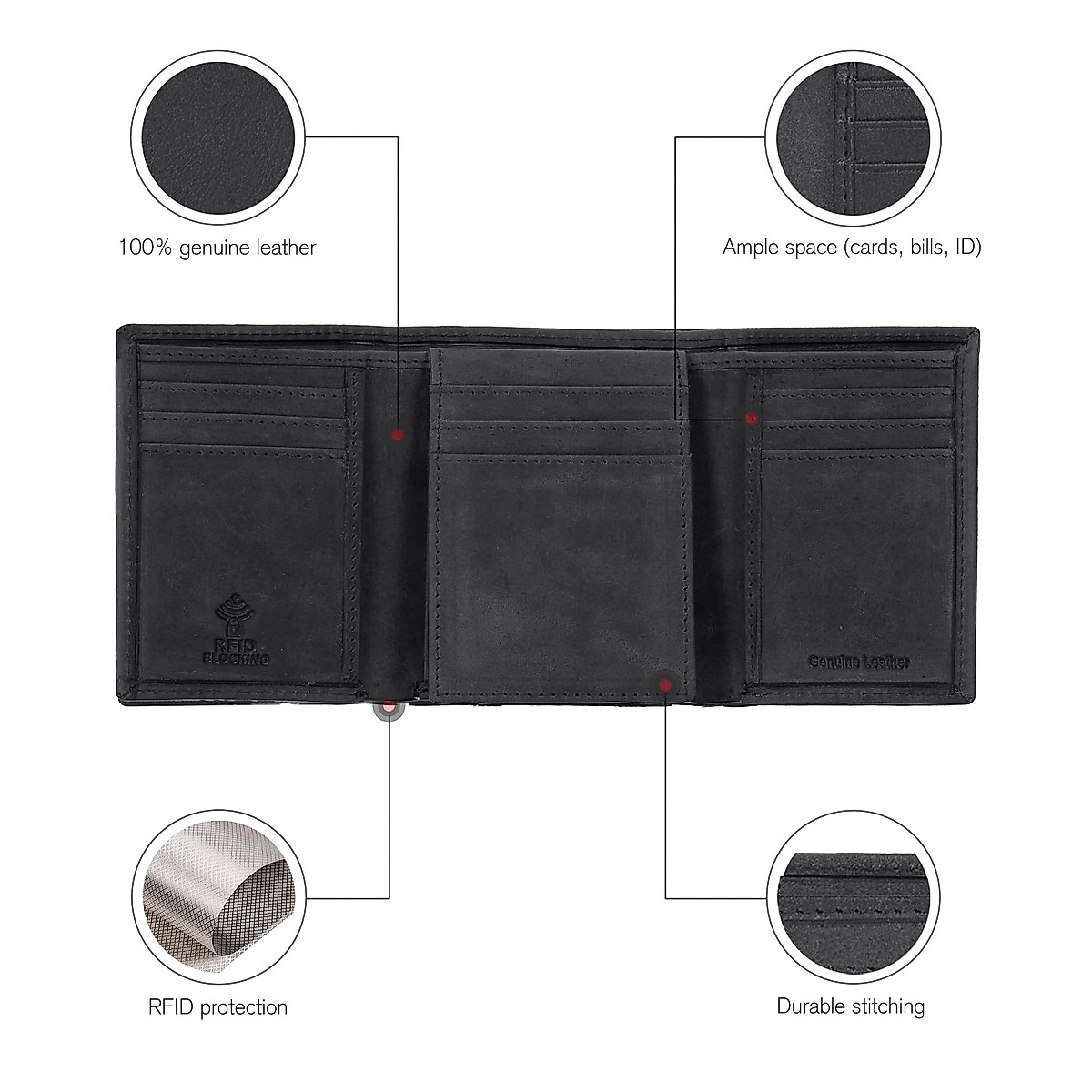 ESTALON Leather Trifold Wallet For Men with RFID Blocking - Men's Trifold Wallet with 9 Credit Card Slots 2 ID Window - Gifts For Men, Him (Black Hunter)