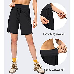Women's Hiking Long Shorts 9" Quick Dry Cargo Bermuda Shorts Lightweight Knee Length with Zipper Pockets for Women(Black,M)