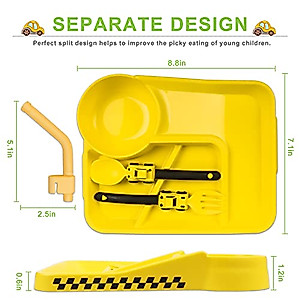A Set of Toddler's Plates Set and a Set of Toddler's Fork and Spoon Set, Construction Toddler Utensils, Suitable for Kids Utensils.