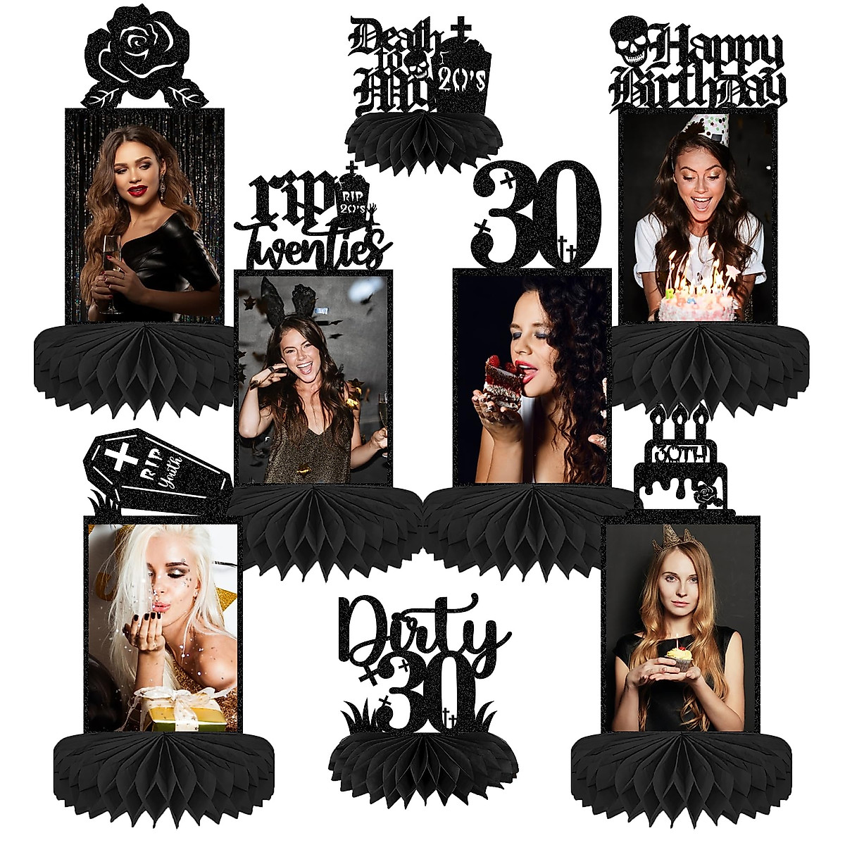 KEKERORA 8PCS Rip 20s Birthday Honeycomb Centerpiece 30th Birthday Photo Table Centerpiece Party Decoration Set Gothic Death to My Twenties Table Toppers Centerpieces for Funeral 30th Bday Men Women