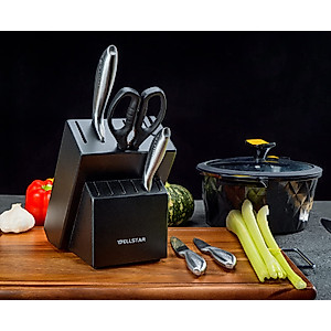 12 Slot Kitchen Knives Block, WELLSTAR Natural Wood Knife Holder without Knives – Hard Wood Countertop Knife Storage with Built-in Knife Sharpener - Black