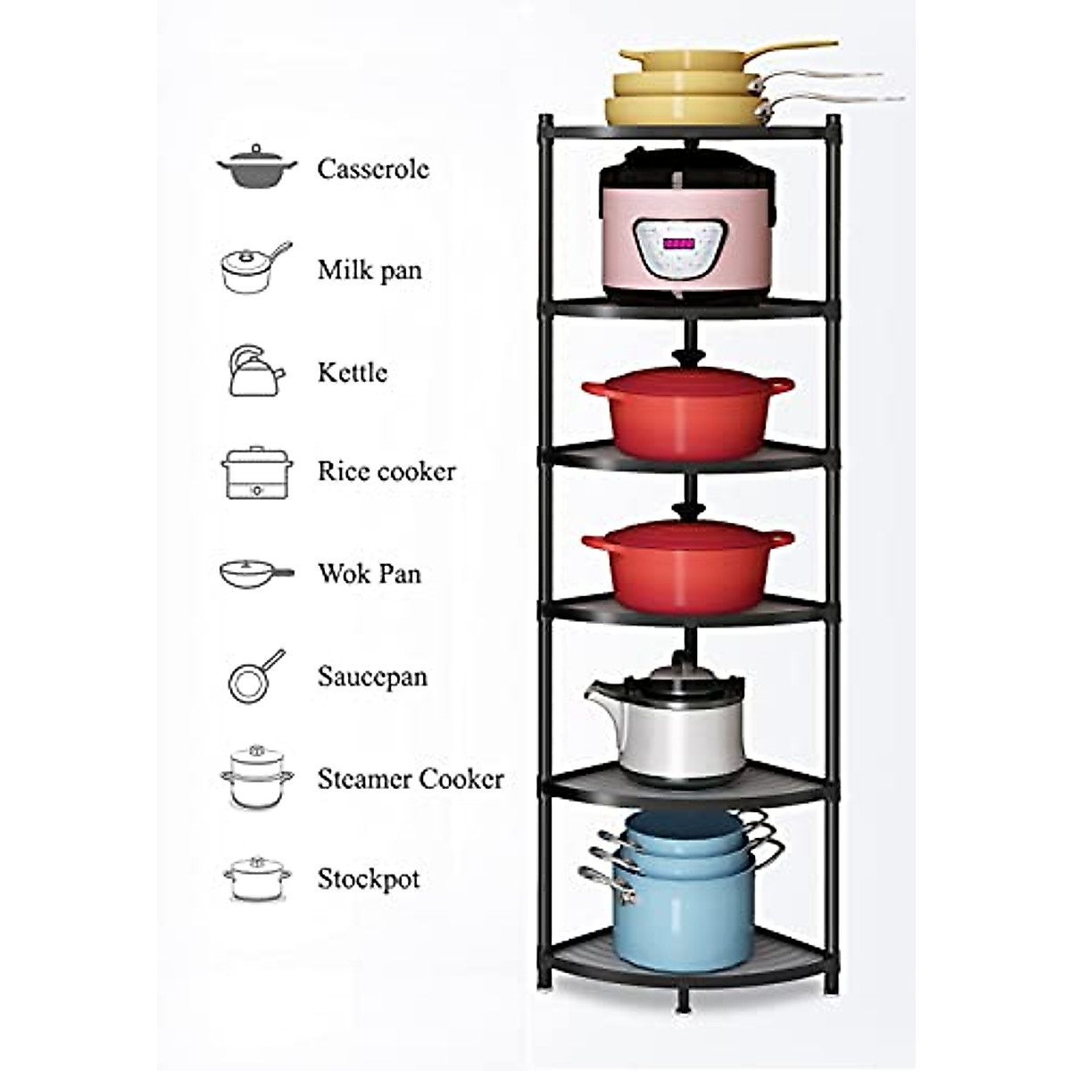 ZIGAMA 6-Tier Kitchen Pot Rack, Cookware Stand Storage Organizer ，Multi-Layer Corner Shelf Stand Stainless Steel Shelves for Kitchen
