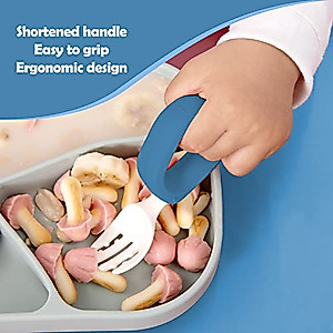 HIWOOD Baby Self Feeding Training Spoon and Fork Set with Travel Case, BPA-Free Cute Circle Toddler Training Utensils, Silicone/ABS Great Tableware Set Spoons Fork for Kids(Blue)