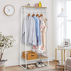 Karl home Clothes Rack Clothing Rack, Freestanding Garment Rack Coat Drying Stand with Wood Shelf Hanging Rod for Bedroom Bathroom Laundry Livingroom Office, White Metal Frame Oak Board 2-Tier