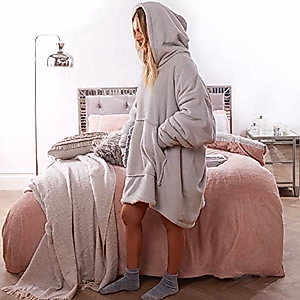Sienna Wearable Sherpa Hoodie Blanket with Ultra Soft Fleece Lining Warm Cozy Oversized Sweatshirt Throw for Adults, One Size Fits All - Silver Grey