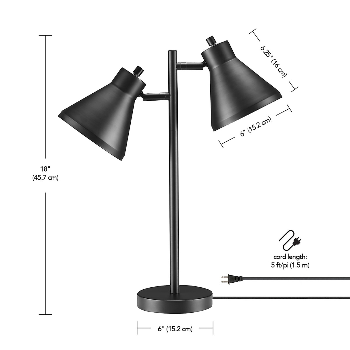Novogratz x Globe Electric 52999 18" 2-Light Desk Lamp, Matte Black, On/Off Rotary Switch on Each Shade, Pivoting Lamp Heads, Industrial, Home Office Accessories, Desk Lamps for Home Office