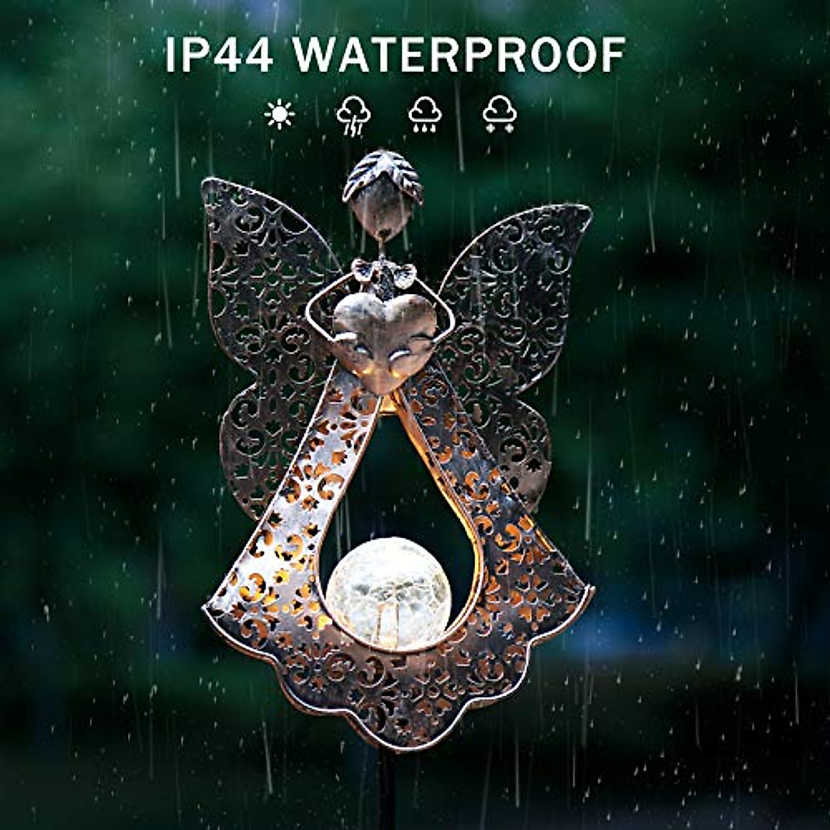 GOODME Angel Solar Garden Lights Waterproof Metal Solar Warm White LED Stake Light Memorial Gift - Fairy Decorative Metal Stakes Lights Crackle Glass Light for Lawn, Yard Art, Pathway, Patio Decor