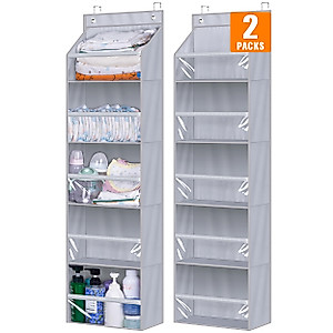 AOODA 2 Pack Over the Door Organizer, Large Capacity Closet Door Hanging Organizer, Clear Deep Pockets Baby Organizer Storage for Nursery, Bathroom, Bedroom, Pantry, Diapers (Grey)