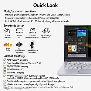 Acer Swift X SFX14-41G-R7YT Creator Laptop | 14" Full HD 100% sRGB | AMD Ryzen 5 5600U | NVIDIA RTX 3050 Laptop GPU | 8GB LPDDR4X | 512GB NVMe SSD | Wi-Fi 6 | Backlit Keyboard | Windows 11 Home, Gold