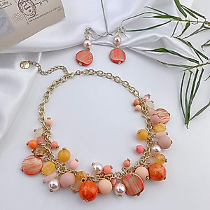 Coiris Women's Beaded Strand Statement Necklace Beads Collar (N0002-Coral Orange)