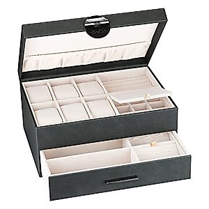 BareTulip Jewelry Organizer Mens Jewelry Box with 2 layers storage Watch Sunglass necklace Ring Bracelet Large Jewelry Box for Women Grey