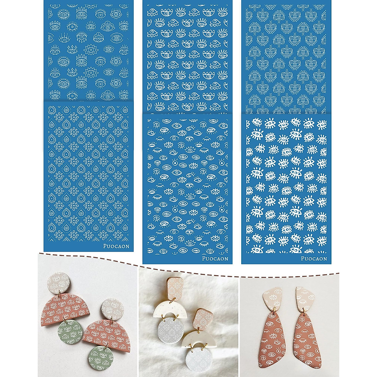 Puocaon Boho Clay Silk Screens - 6 Pcs Lucky Evil Eye Shape Silk Screen Stencils for Polymer Clay, Screen Stencils for Polymer Clay Earrings Making, Silk Screen for Transfer Patterns on Polymer Clay