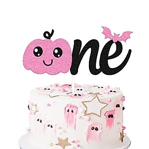 Halloween One Cake Topper Halloween Pumpkin Bat The Spooky One Theme Cake Decoration for Little Girl’s First Birthday Baby Shower Party Supplies