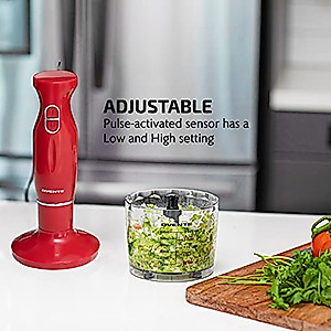 OVENTE Immersion Electric Hand Blender 300 Watt Power 2 Mix Speed with Stainless Steel Blades, Handheld Stick Mixer Set with Egg Whisk Attachment Mixing Beaker and BPA-Free Food Chopper, Red HS565R