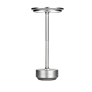 Leroxo Portable Metal Desk Lamp, Cordless LED Table Lamp,3 Color Touch Control Rechargeable Lamp,3-Levels Brightness Room Decor Desk Lamp,Bedside Lamp,Night Light, Dining Room Lamp (Silver)
