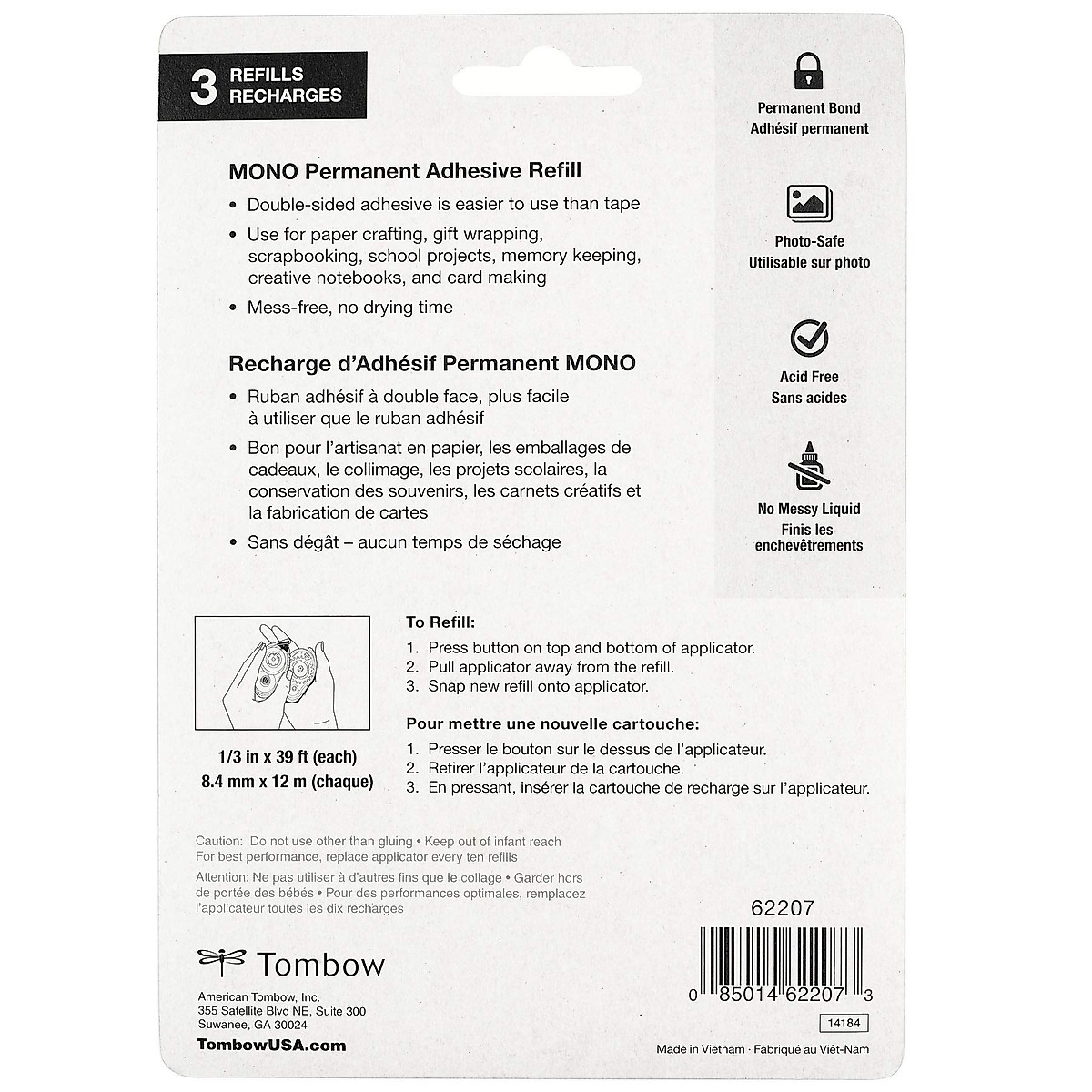 Tombow 62207 MONO Permanent Adhesive Refills, 3-Pack. Easy to Use Refills for a Strong, Instant Bond