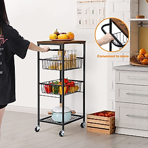 NORCEESAN Rolling Storage Cart 4 Tier Kitchen Cart on Wheels Metal Mobile Utility Cart with Storage Basket Shelf Bathroom Organizer Cart with Handle Pantry Trolley Cart with Tabletop for Home Office