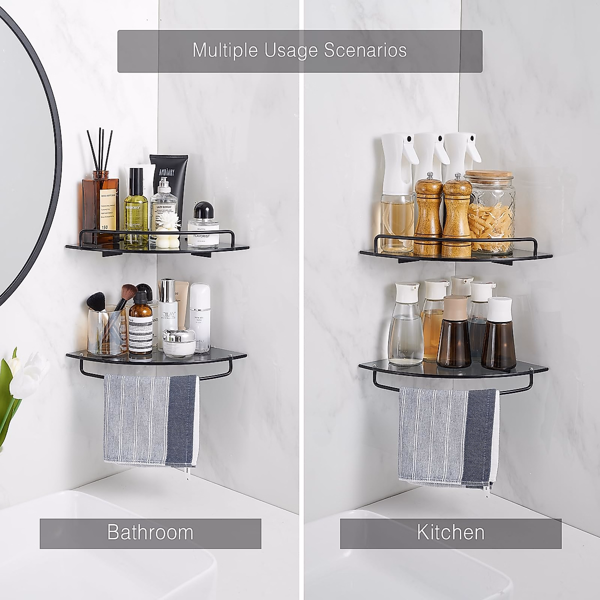 Voldra 2 Pack Glass Corner Shelf for Bathroom Corner Shower Caddy Shelf Black Tempered Glass Shelf with Rail Bathroom Corner Organizer Bathroom Shelves Wall Mounted