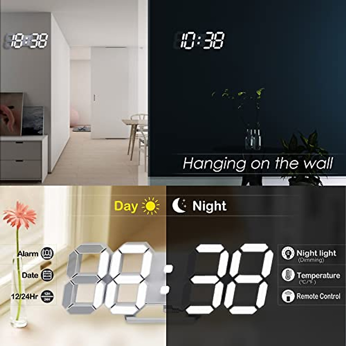 KOSUMOSU 3D LED Digital Wall Clock ,9.7", Large Display Table/ Desk Clock with Remote Control 12/24H Temperature (White Light)
