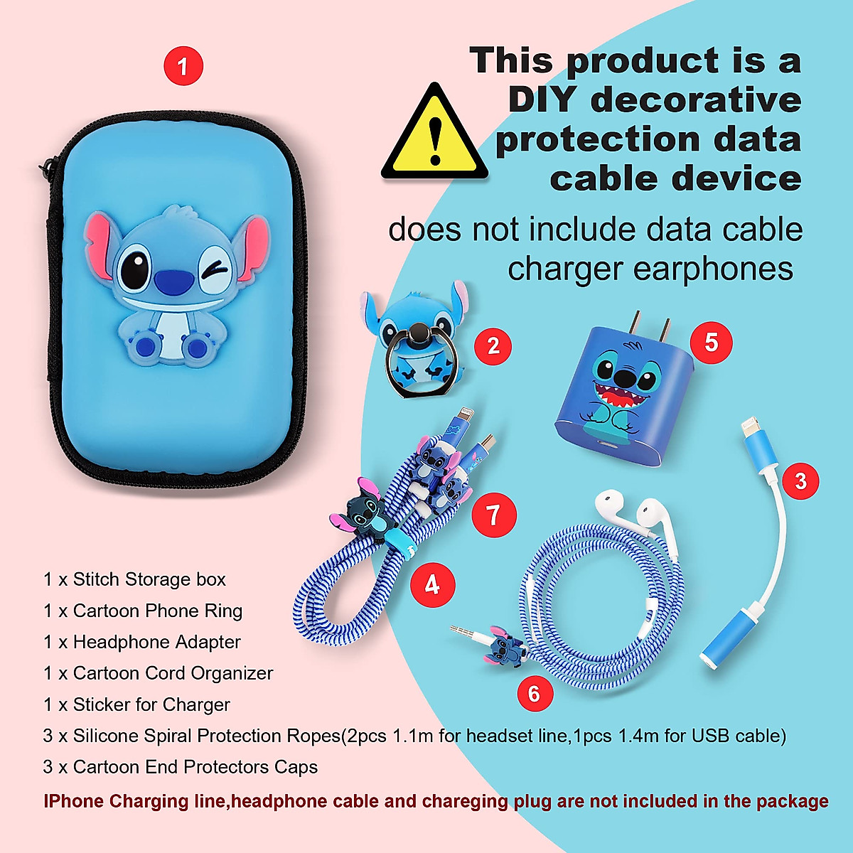 DIY Protector Stitch Set,Data Cable 20W USB Charger Data Line Earphone Cartoon Decoration Wire Saver Protector Compatible for iPhone 11 12 13 Plus Max Series (Stitch)