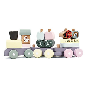 Pillowhale Wooden Stacking Train Toy Set,Wooden Building Blocks Train with Shape Sorter Early Learning Gift for Toddlers Boys Girls 12 Months and up