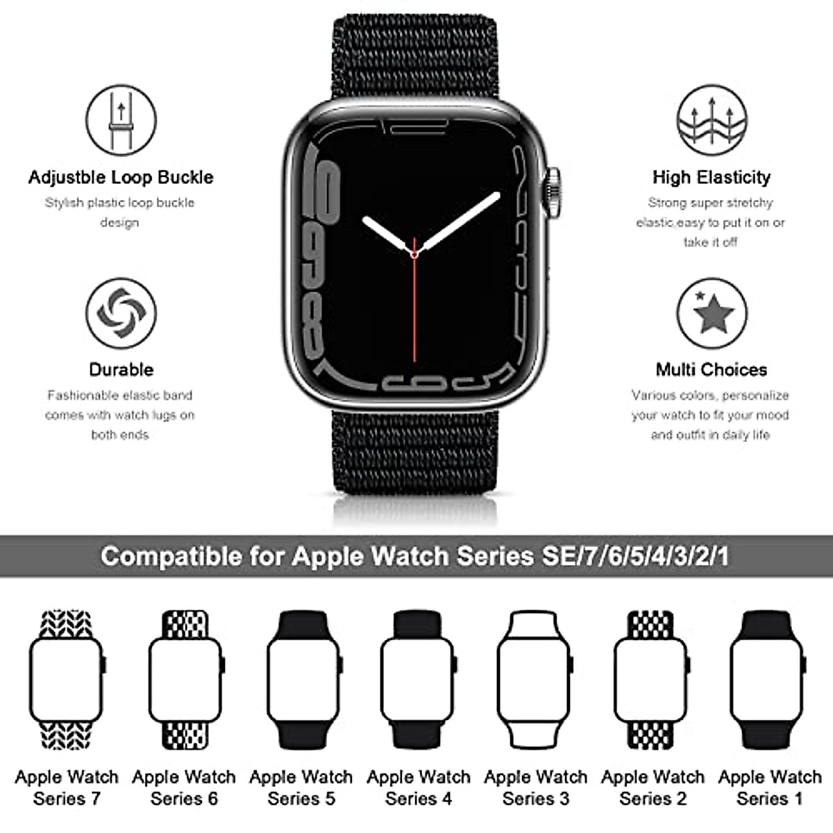 Nylon Sport Band Compatible with Apple Watch Band 38mm 40mm 41mm 42mm 44mm 45mm, Adjustable Breathable Women Men Braided Strap Compatible for iWatch Series 9/8/7/6/5/4/3/2 SE Dark Black A