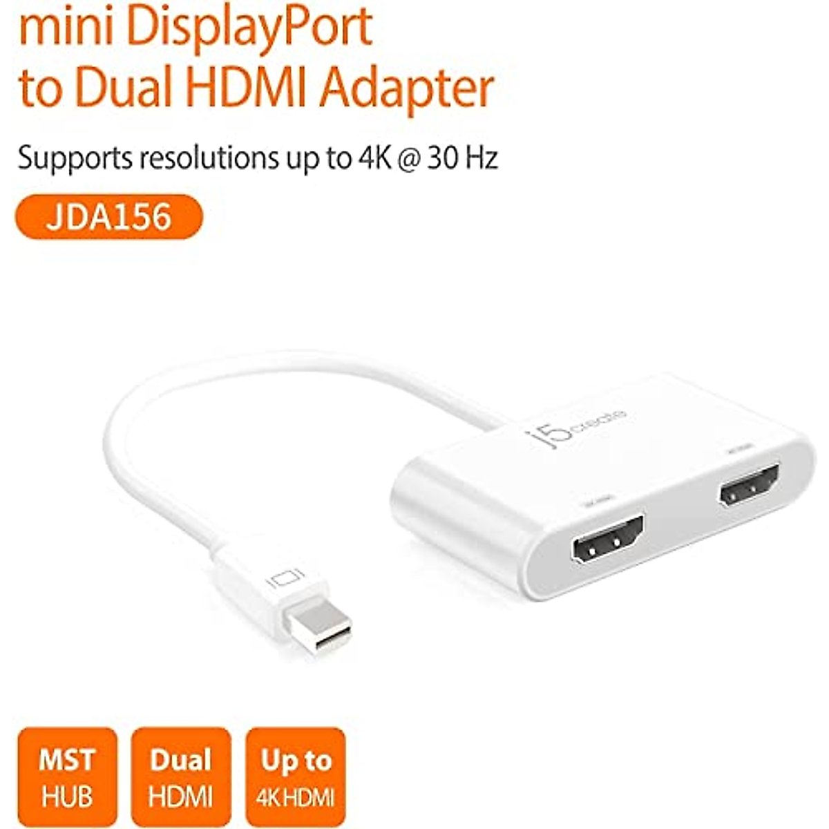 j5create Mini DisplayPort to Dual 4K HDMI MST Adapter, Compatible with Microsoft Surface Pro 2, Surface Book, HP OMEN 15-CE051NR and More (JDA156)