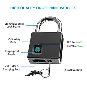 Fingerprint Padlock - with 2 Keys Backup - IP66 Waterproof Suitable for Outdoor - Heavy Duty Security Smart Lock with USB (Black)