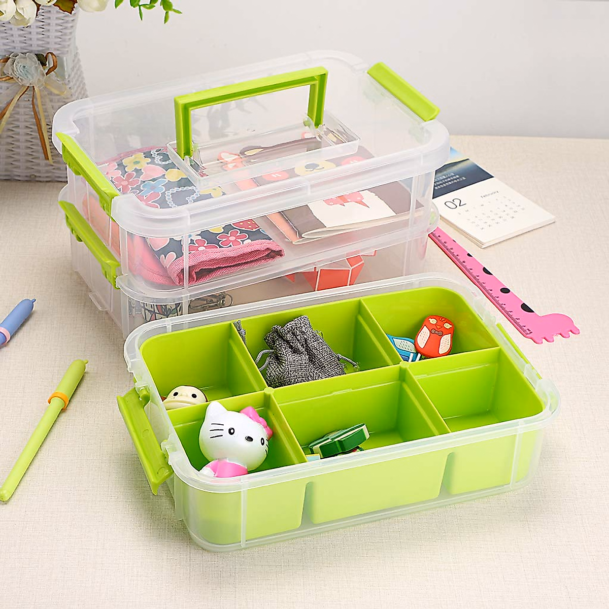 JUXYES 3-Tiers Stack Carry Storage Box With Divided Tray, Transparent Stackable Storage Bin With Handle Lid Latching Storage Container for School & Office Supplies (Green)